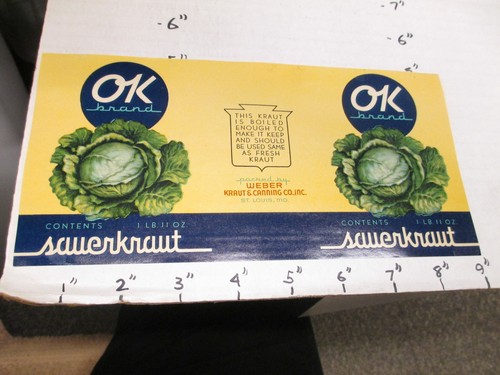 OK BRAND sauerkraut 1930s metal tin can food paper label Weber Canning ...