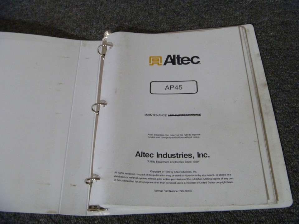 Altec AP45 Aerial Cable Placer Bucket Truck Maintenance Manual PN 749 ...