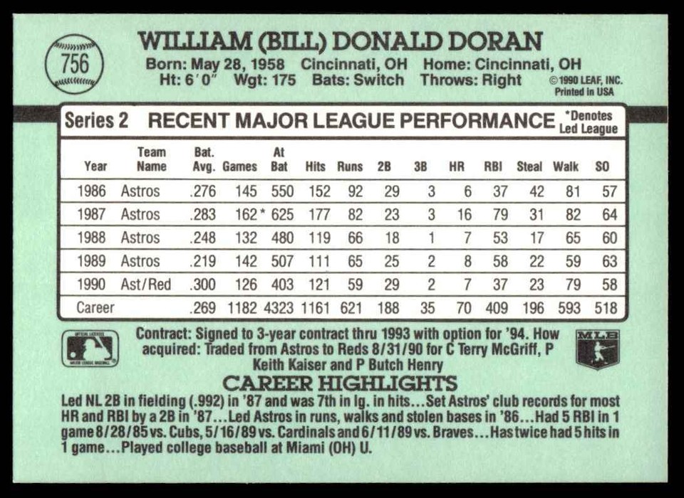 1991 Donruss Baseball Card Bill Doran Cincinnati Reds #756 | eBay
