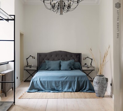 Ocean blue linen bedspread softened linen bed cover various sizes bed ...