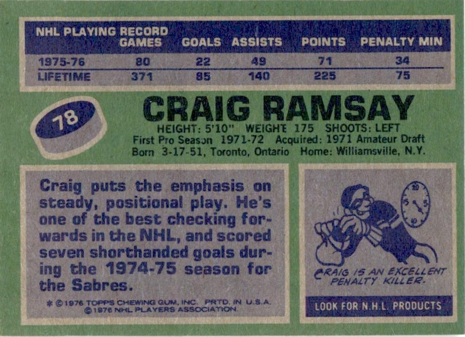 1976 Topps #78 Craig Ramsay Buffalo Sabres EX-MT | eBay