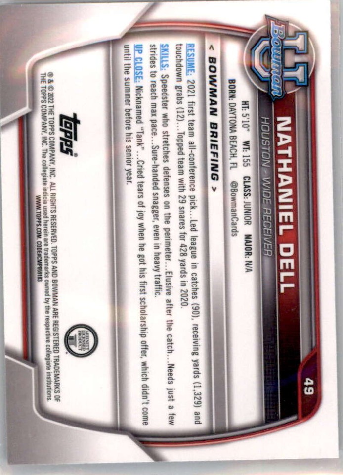 2022 Bowman Chrome University Refractor Pink #49 Nathaniel Dell Houston Cougars | eBay