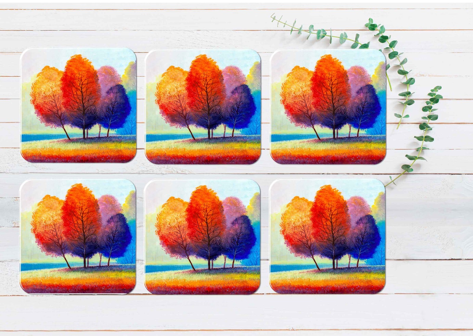 Autumn River Painting Coasters Wood & Rubber - Set of 6 Coasters | eBay ...