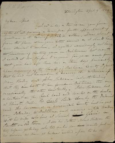 1829 Wilmington, Delaware Letter R.H. Bayard to Joseph Speed, Esq. – C ...