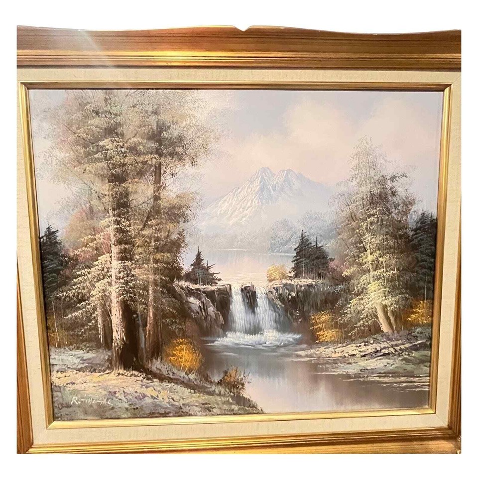 R Thomas OIL PAINTING On Canvas Waterfall Mountain River Pine Trees ...