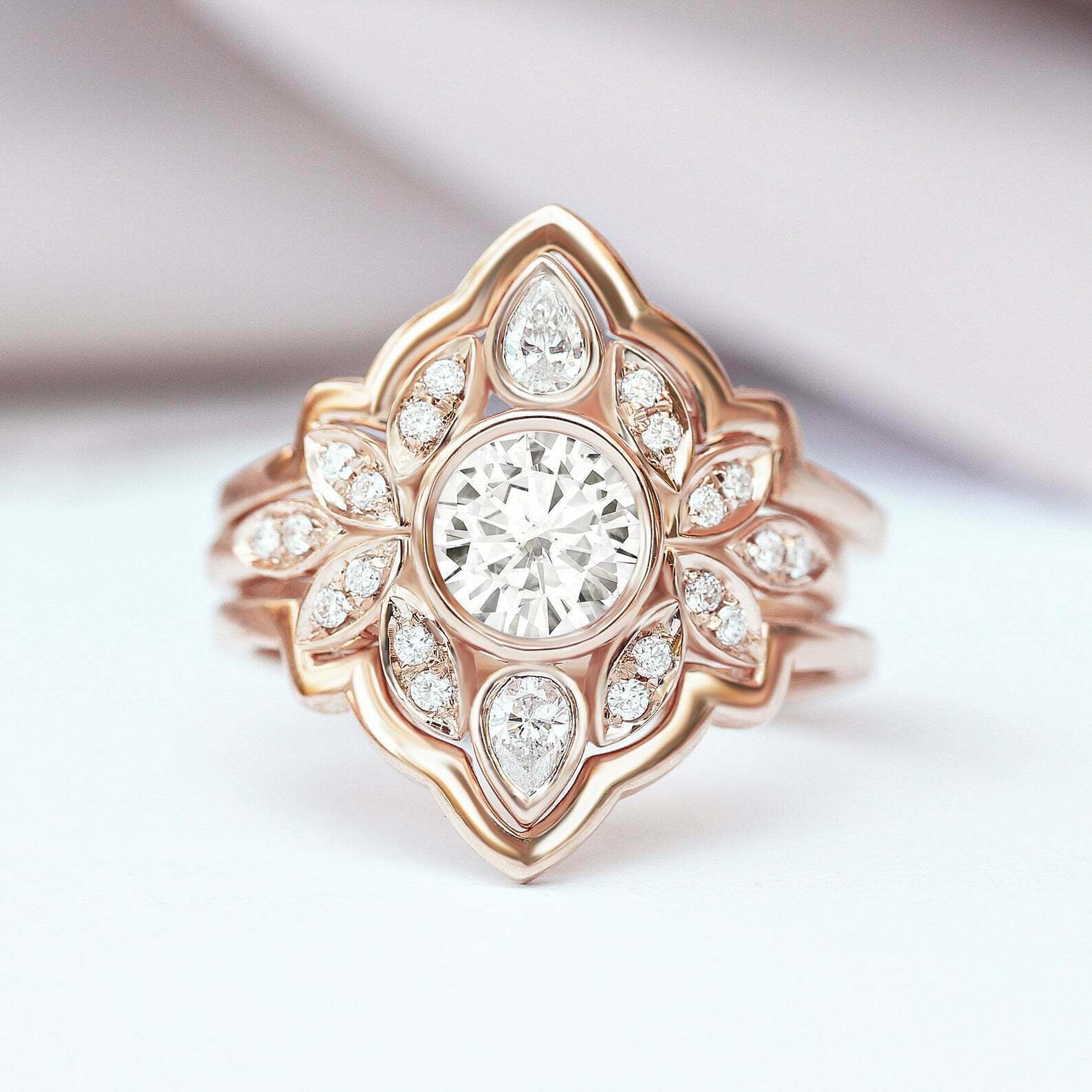 3.52ct Round Lab-Created Moissanite Engage Ring Art Deco Trio Set Gold ...