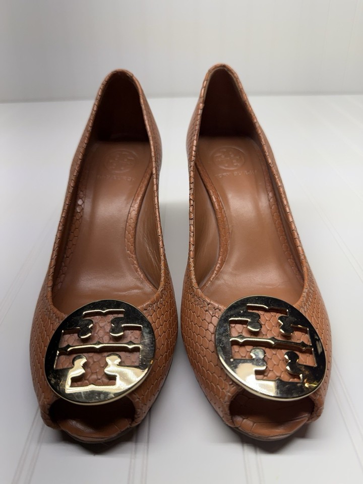 Tory Burch Sally 2 Wedge Heels Womens 8.5 Orange Gold Snake Print Shoes ...