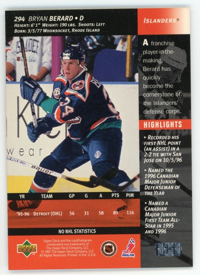 1996-97 Upper Deck Islanders Hockey Card #294 Bryan Berard | eBay