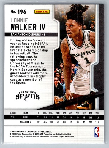 2018 Panini Chronicles Pink Parallel #196 Lonnie Walker IV San Antonio ...