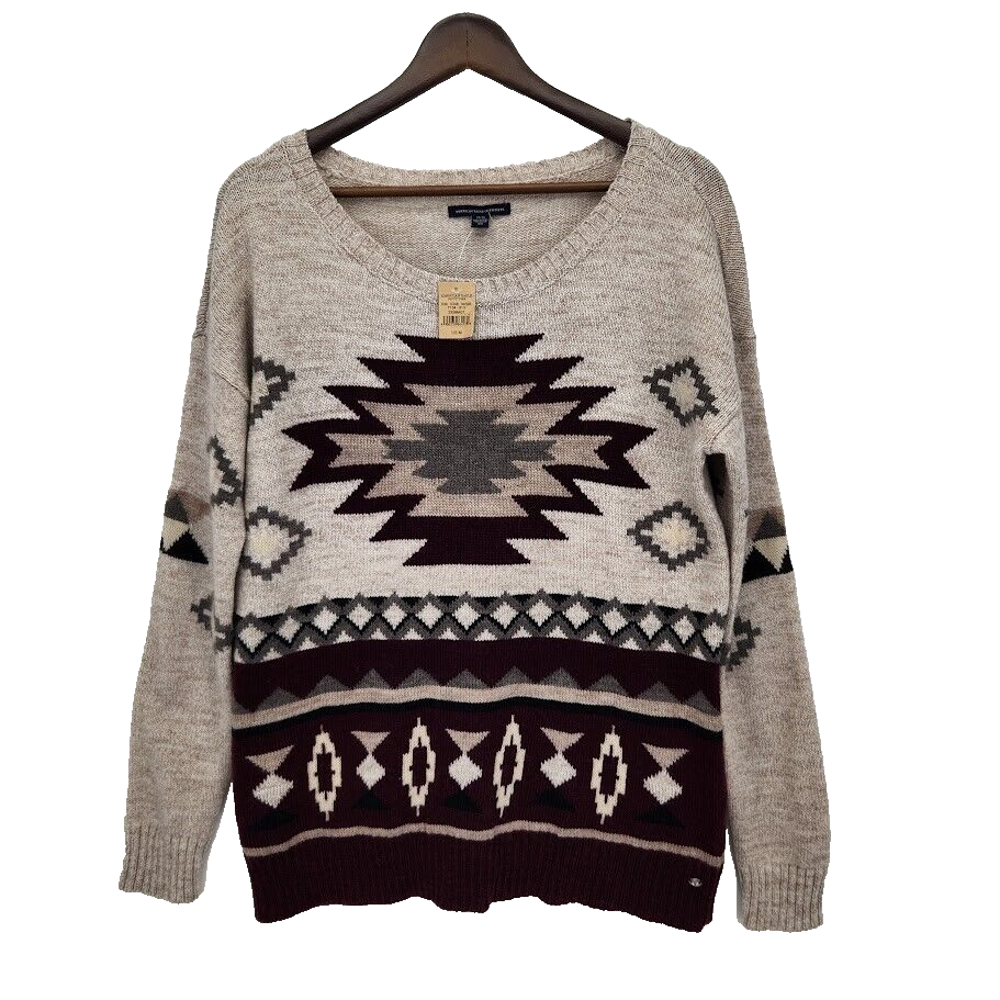 American Eagle Womens Sweater Beige Maroon Aztec Southwestern Wool ...