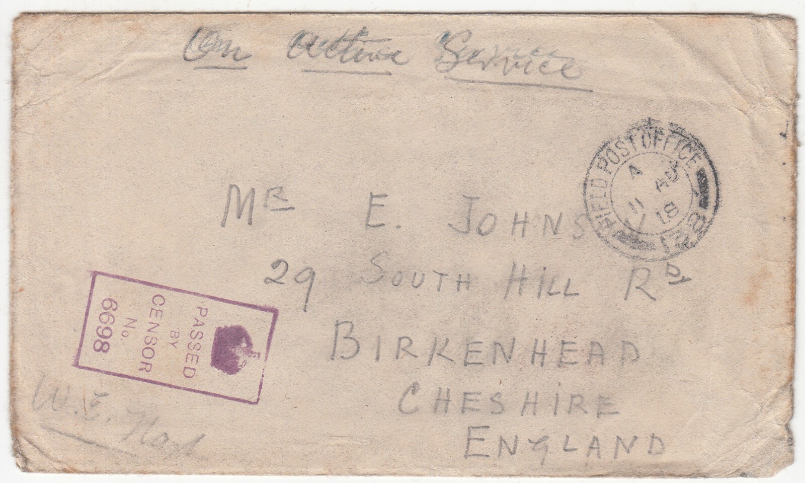 WWI Censored Cover with Letter: Field PO 138 to Birkenhead, 11 August ...