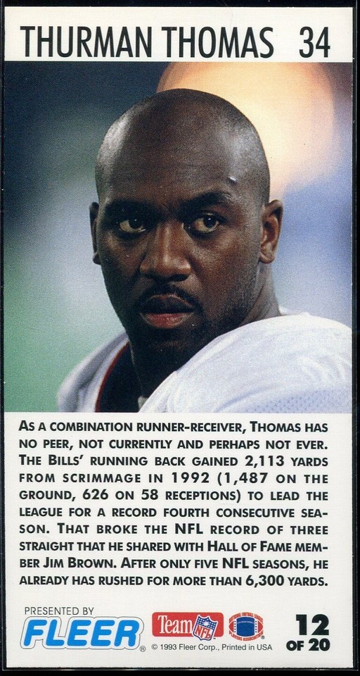 1993 Fleer Game Day Thurman Thomas 12 Of 20 Gamebreakers Buffalo Bills | eBay