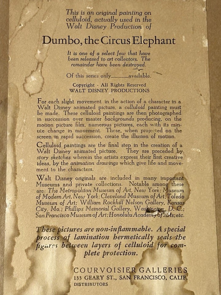 Disney Celluloid Handpainted Drawing - Movie Dumbo… (paint flaw ...