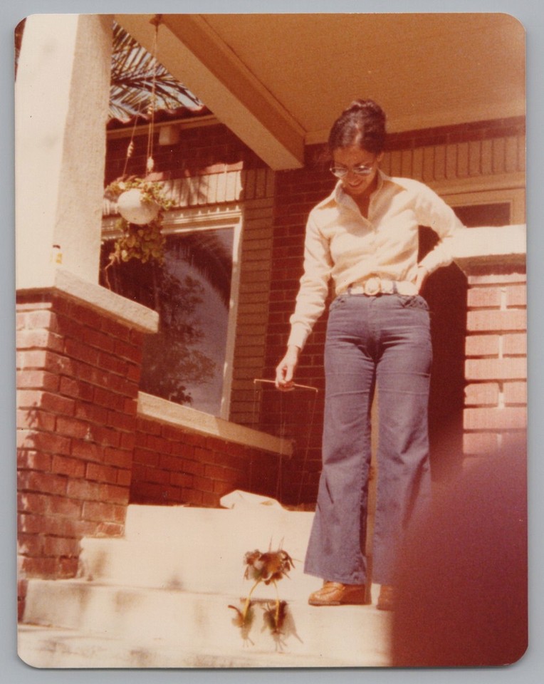 1970s Woman Porch Puppet Toy Smiling Glasses Brick House Candid ...