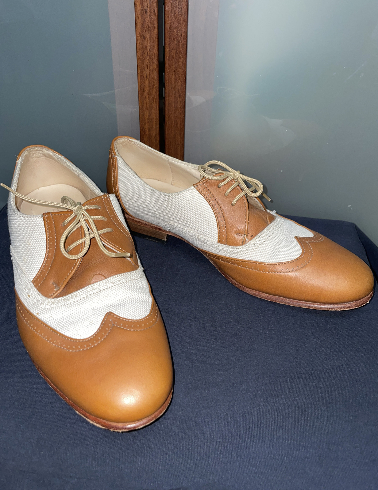 DIEPPA RESTREPO Brown & Beige Leather Canvas Wingtip Cap Toe Flat Shoes ...