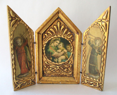 Beautiful Vintage Religious TRIPTYCH Folding Wooden Madonna Baby Jesus ...