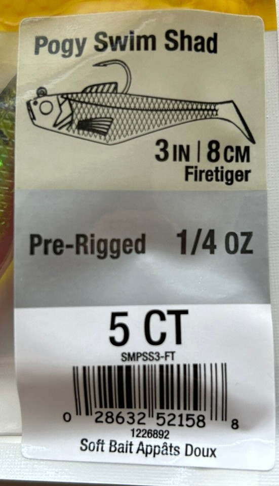 2-PACK Berkley Power Bait 3" Pre-Rigged 1/4 oz Pogy Swim Shad FireTiger ...