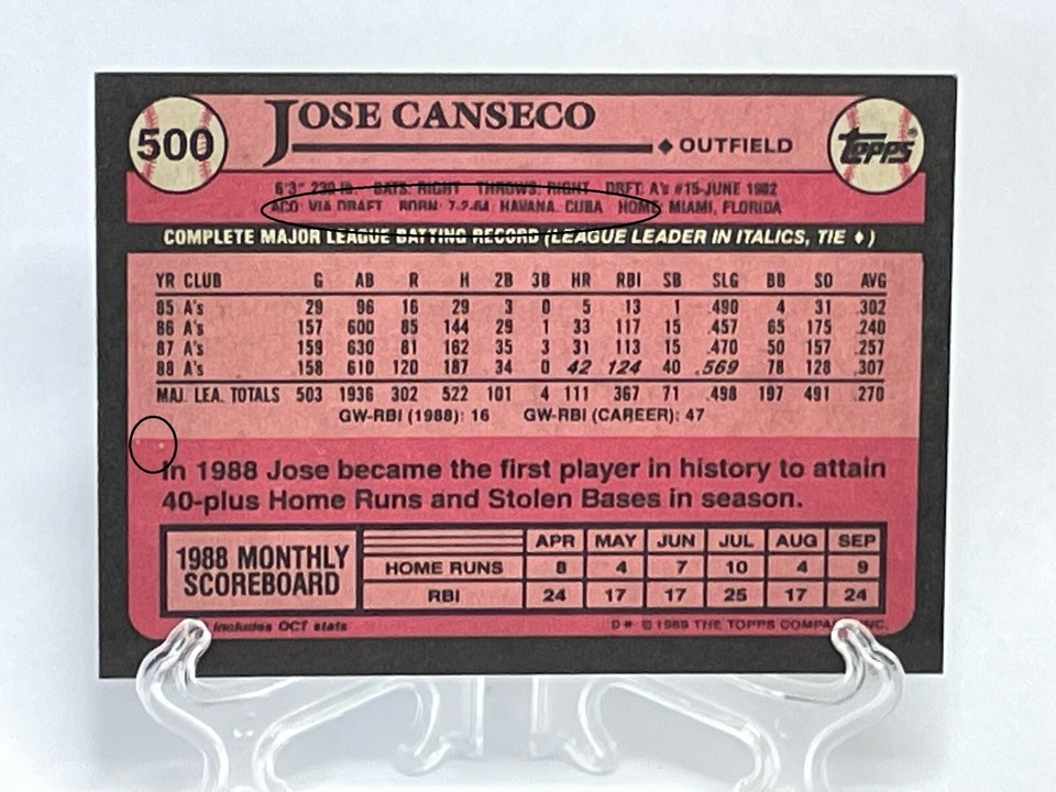 1989 Topps Jose Canseco Error Card White/Blue/Yw Ink Misprint Cut Off ...