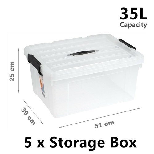 5x Clip Lock Storage Box Organiser 35L Plastic Container Bin Tub Crate ...