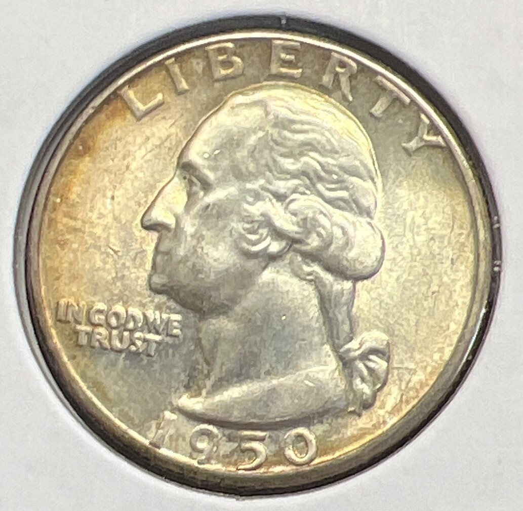 1950-D WASHINGTON SILVER QUARTER CHOICE UNCIRCULATED TONED ACTUAL COIN ...
