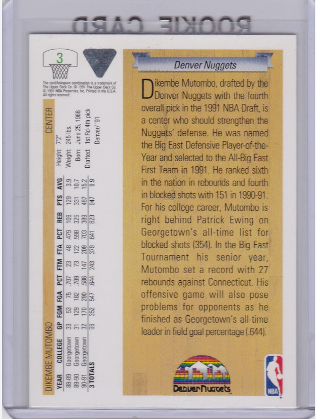 DIKEMBE MUTOMBO ROOKIE CARD Denver Nuggets 1991/92 Upper Deck ...