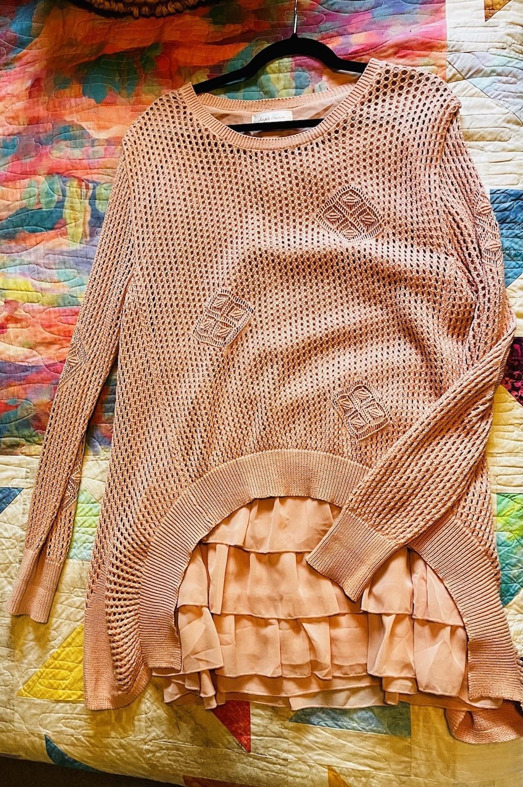 Simply Couture Solid Pink Tab Long Sleeve Light Knit Lace Tunic Sweater ...