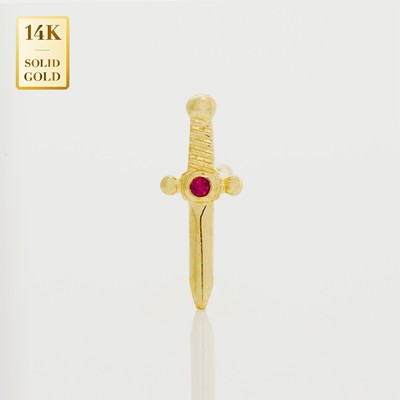 14K REAL Solid Gold Dagger with Ruby Cartilage Stud Earring Piercing 18 ...