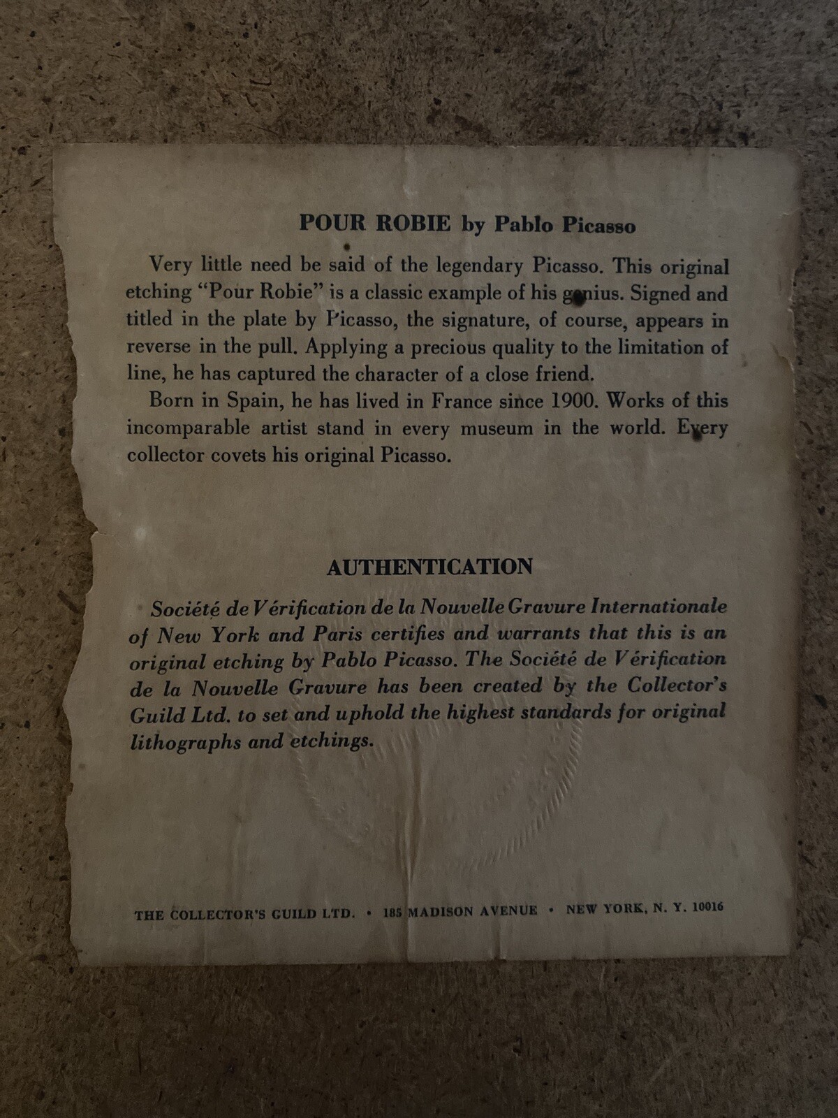 An Original Etching on “Poor Robie”By Pablo Picasso With Authentication ...