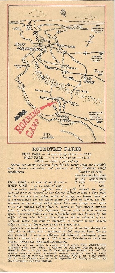 1969 ROARING CAMP & BIG TREES Narrow-Gauge Railroad Timetable Map ...