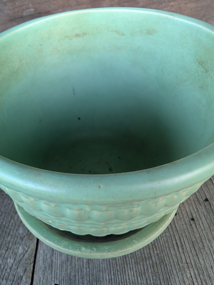 Vintage 1961 McCoy Pottery Turquoise Beaded Planter w/ Attached Saucer ...