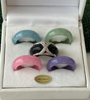 14K Solid Yellow Gold Diamond Multi Color Interchangeable 5x Jade Ring ...