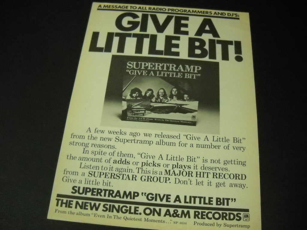 SUPERTRAMP says GIVE A LITTLE to programmers/DJ'S 1977 PROMO POSTER AD ...