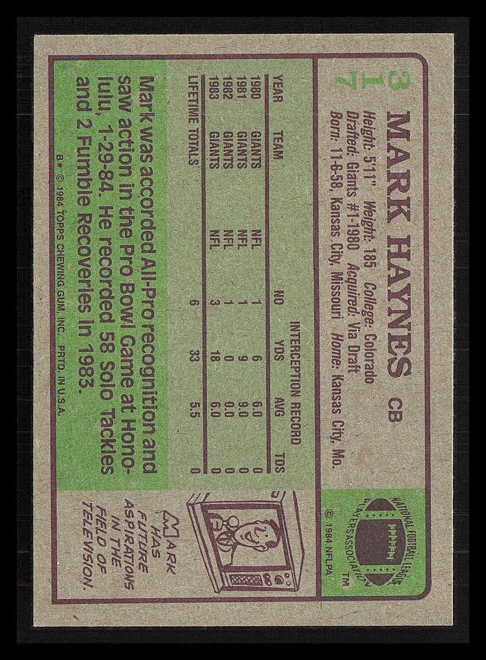 Mark Haynes 1984 Topps #317 New York Giants | eBay