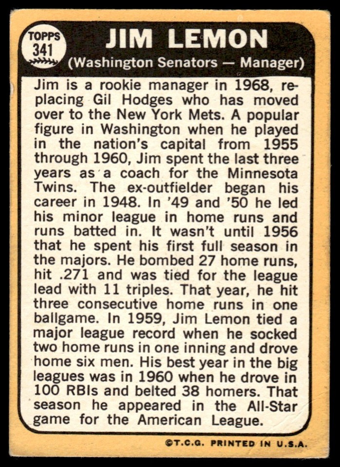 1968 Topps Jim Lemon low grade Washington Senators #341 | eBay