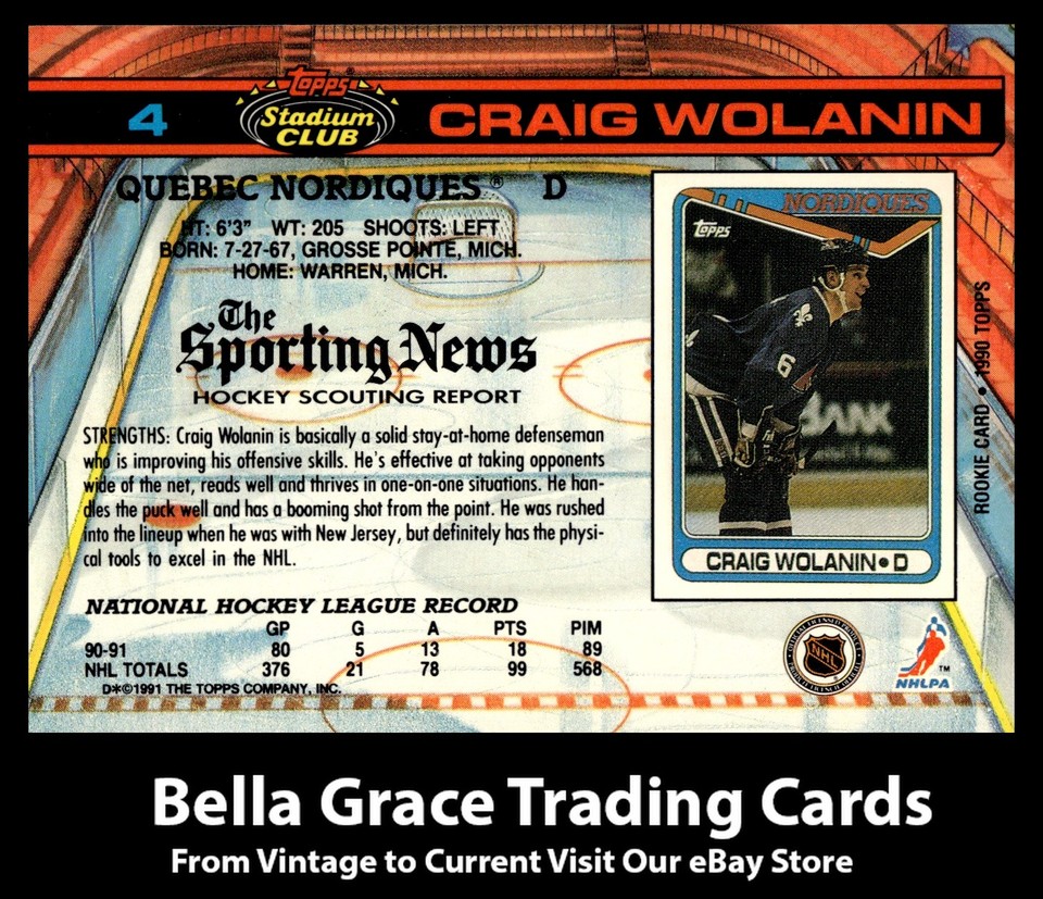1991-92 Topps Stadium Club Craig Wolanin #4 Quebec Nordiques NHL Hockey ...