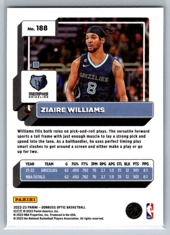 22-23 Donruss Optic #188 Zaire Williams Memphis Grizzlies Basketball ...