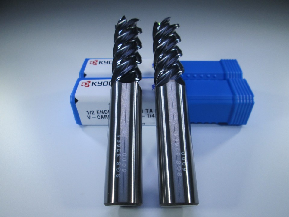LOT ( 2 ) KYOCERA SGS 32664 V-CARB SOLID CARBIDE 1/2" 5 FLUTE END MILLS ...