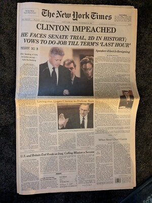 Clinton Impeached - New York Times Newspaper - Sunday, Dec. 20, 1998 | eBay