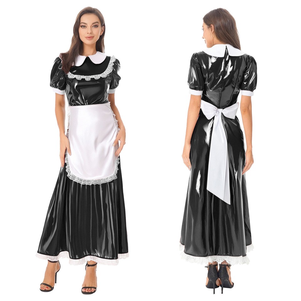 Womens Puff Sleeve French Maid Cosplay Dress PVC Leather Sweet Bow Long ...