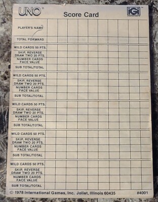 Vintage 1978 UNO Game Score Card Pad 46 Double Sided Sheets | eBay