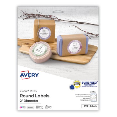 Avery Round Print-To-The Edge Labels 2" Dia Glossy White 120/Pk 22807 ...