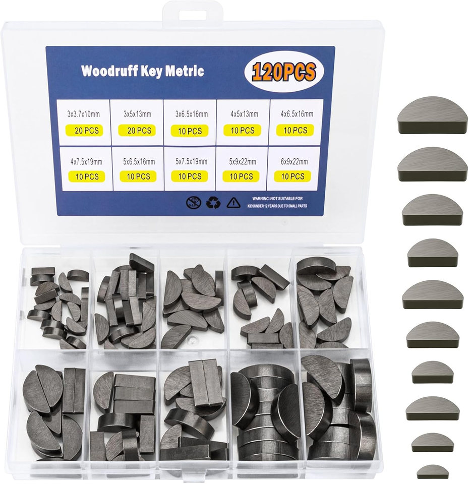 120Pcs Woodruff Key Assortment Kit, 10 Sizes of Half Moon Keys, Keyway ...