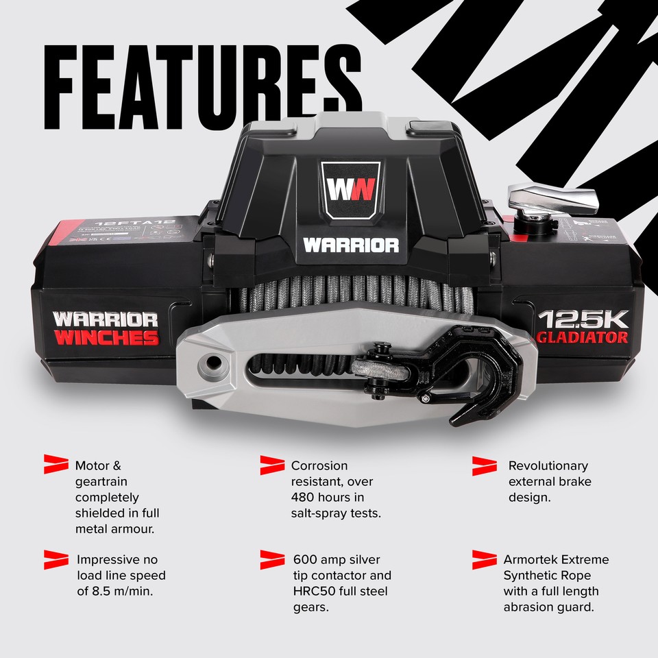 Warrior Winches Gladiator Electric Winch 12,500lbs Synthetic Rope ...