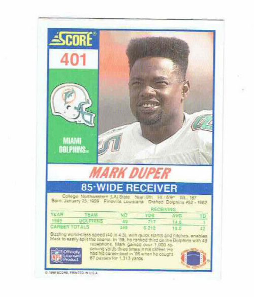 Mark Duper Miami Dolphins #85 WR #401 Score 1990 Football Card | eBay