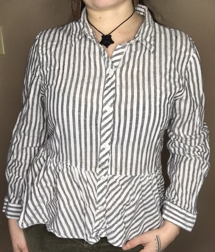 Love Notes M White Gray Pin Striped 100% Cotton Peplum Boho Steampunk ...