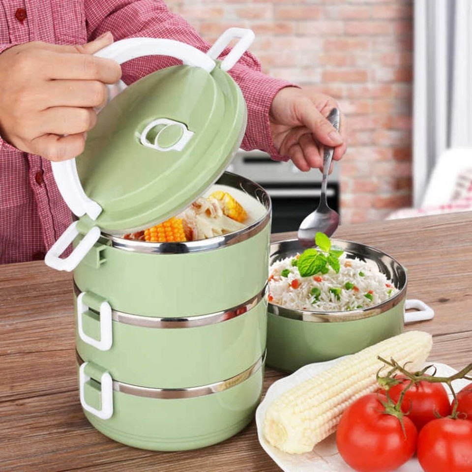 2 Tier Stainless Steel Insulated Lunch Box Container Thermos Soup and ...
