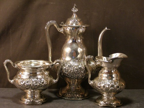 19 c Antique Art Nouveau Embossed Silver Tea Pot Service Set Poppy ...