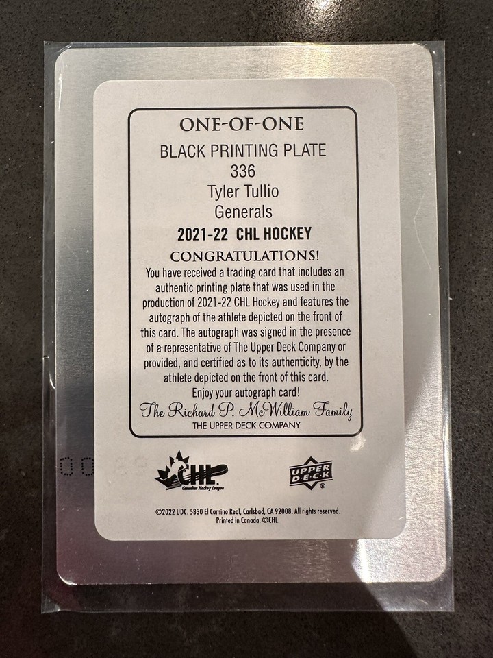 2021-22 Upper Deck CHL Tyler Tullio black printing playe auto one of ...