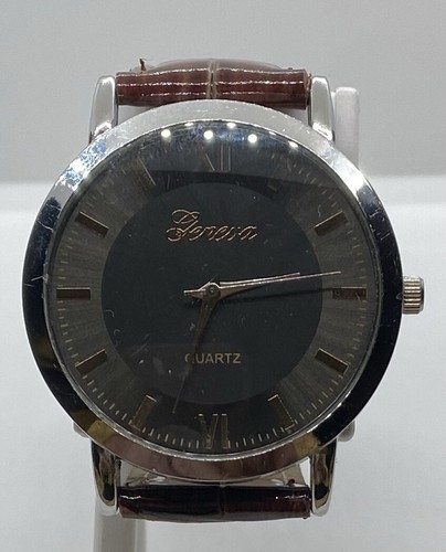 NEW GENEVA MENS WATCH Fresh Battery Grey Dial Brown Embossed Strap ...