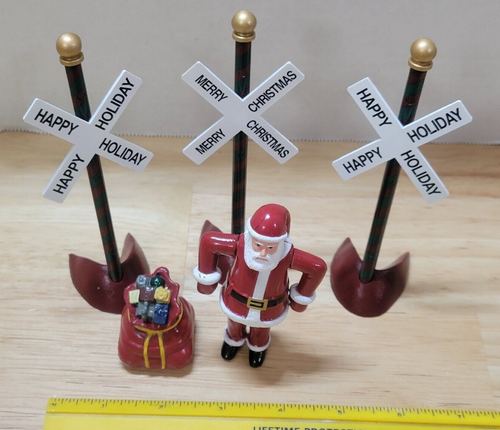 Three Bachmann Christmas Railroad Crossing Signs & Santa With Toy Bag ...